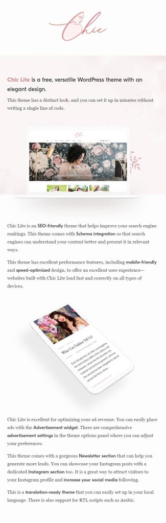 Chic Lite - Best Free Feminine WordPress Theme for Bloggers